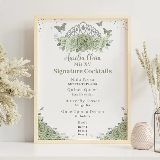 Crown Sage Green Floral Quinceanera Bar Drink Menu Poster | Zazzle