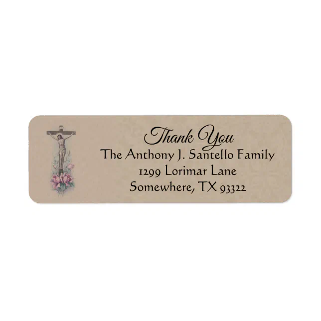 Crucifix Pink Flowers Thank You Label | Zazzle