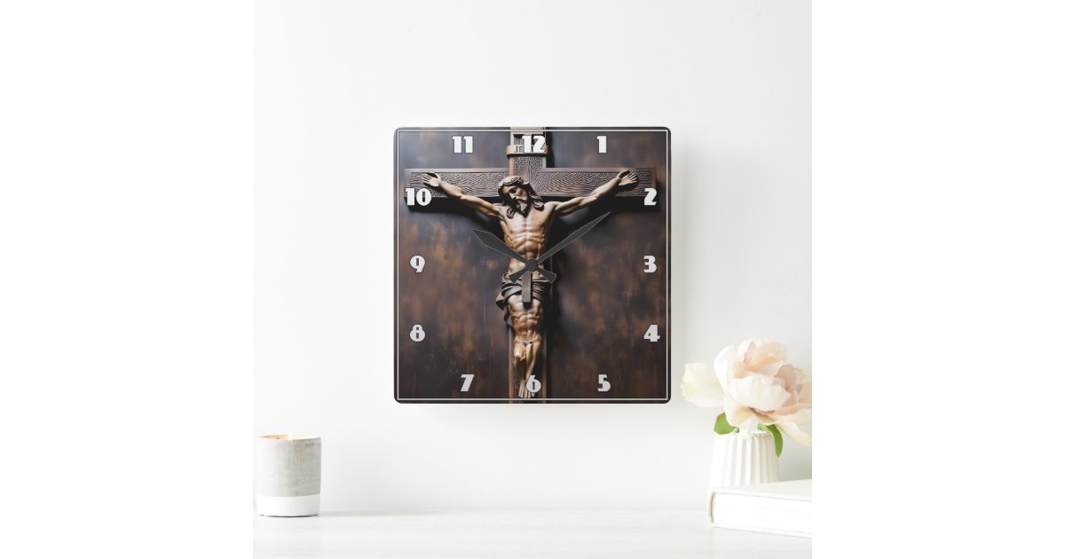 Crucifixion of Jesus on Wooden Cross Square Wall Clock | Zazzle
