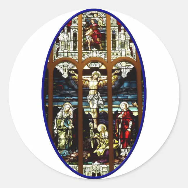 Crucifixion of Jesus stained glass window Classic Round Sticker | Zazzle