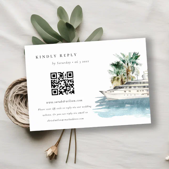 Cruise Ship Palm Seascape Wedding QR Code RSVP Enclosure Card | Zazzle