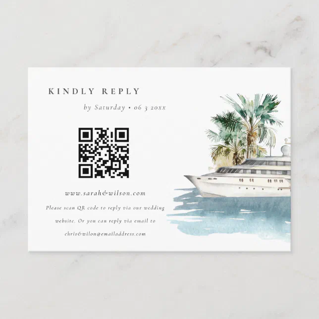 Cruise Ship Palm Seascape Wedding QR Code RSVP Enclosure Card | Zazzle