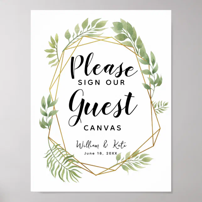 Crystal greenery leaf guest canvas wedding sign | Zazzle