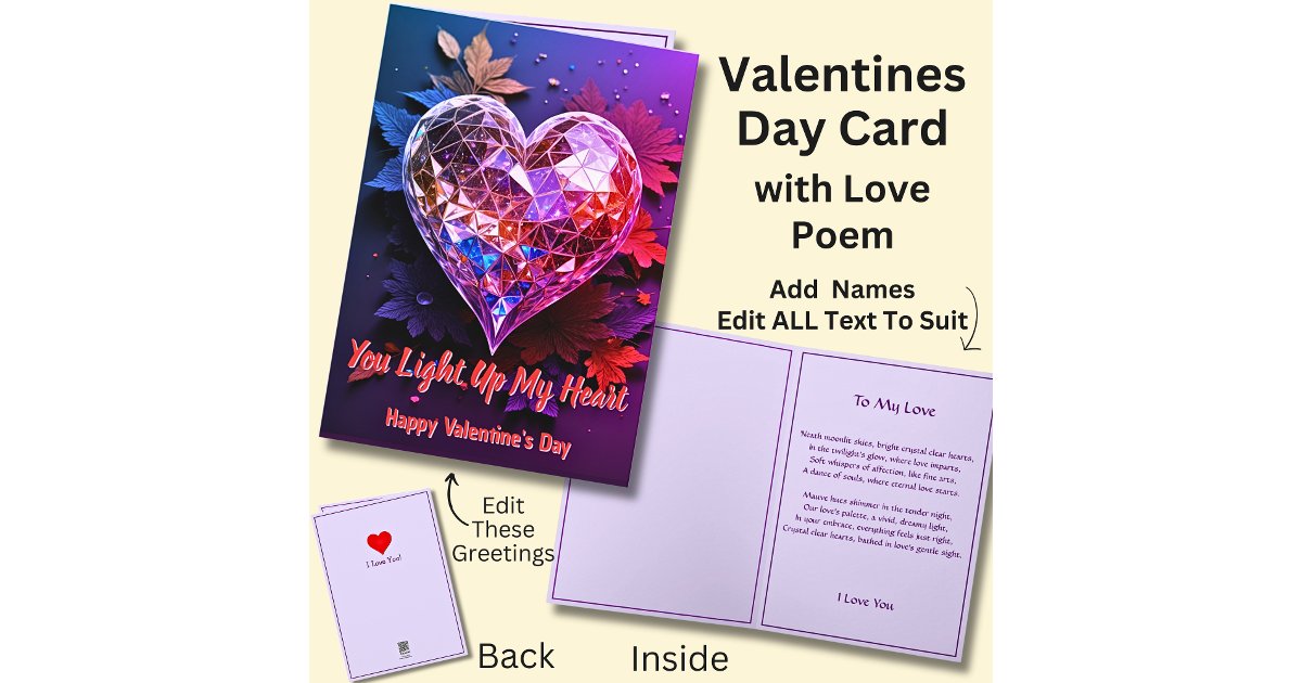 Crystal Heart Valentine with Love Poem Card | Zazzle