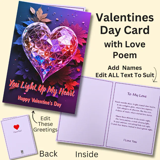 Crystal Heart Valentine with Love Poem Card | Zazzle