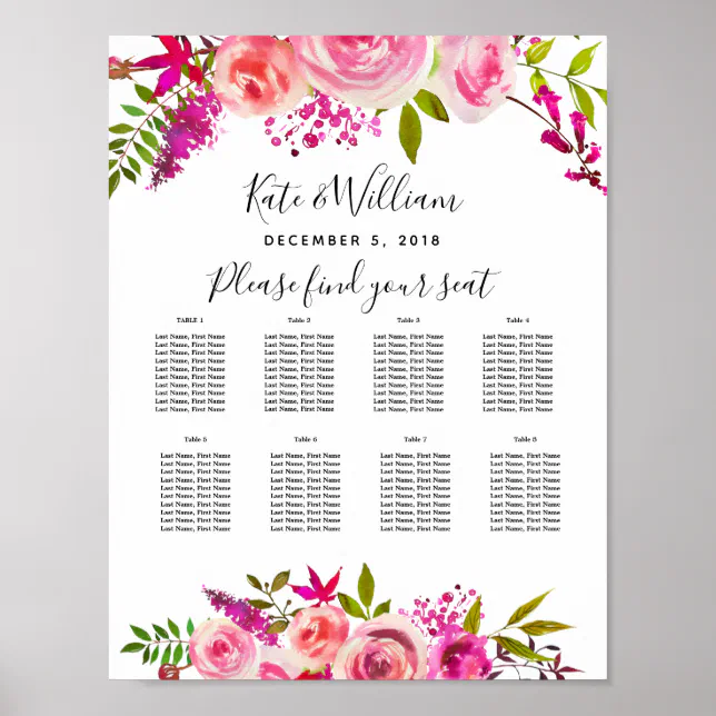 crystal Pink Peach Roses Table plan party/wedding Poster | Zazzle