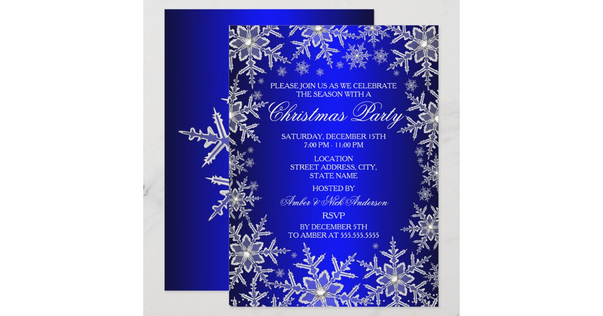 Crystal Snowflake Blue Christmas Party Invite | Zazzle
