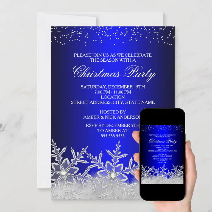 Crystal Snowflake Blue Christmas Party Invite | Zazzle