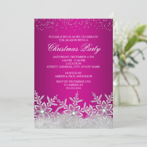 Crystal Snowflake Hot Pink Christmas Party Invite | Zazzle