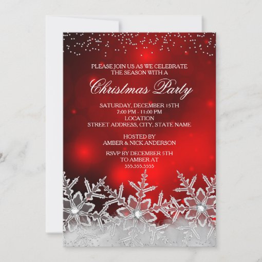 Crystal Snowflake Red Christmas Party Invite | Zazzle