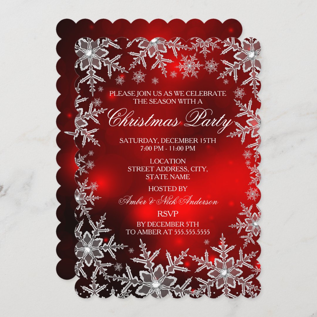 Crystal Snowflake Red Christmas Party Scall Invitation | Zazzle
