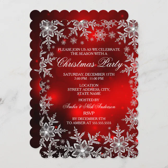 Crystal Snowflake Red Christmas Party Scall Invitation | Zazzle