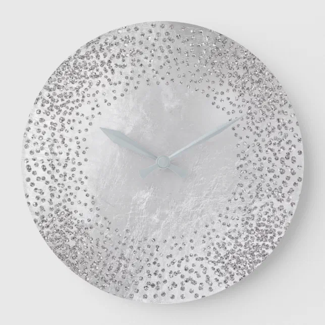 Crystals Confetti Glitter Grey Glass Silver Gray Large Clock | Zazzle
