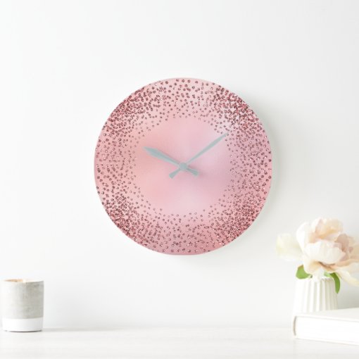Crystals Confetti Glitter Rose Pink Glass Glam Large Clock | Zazzle