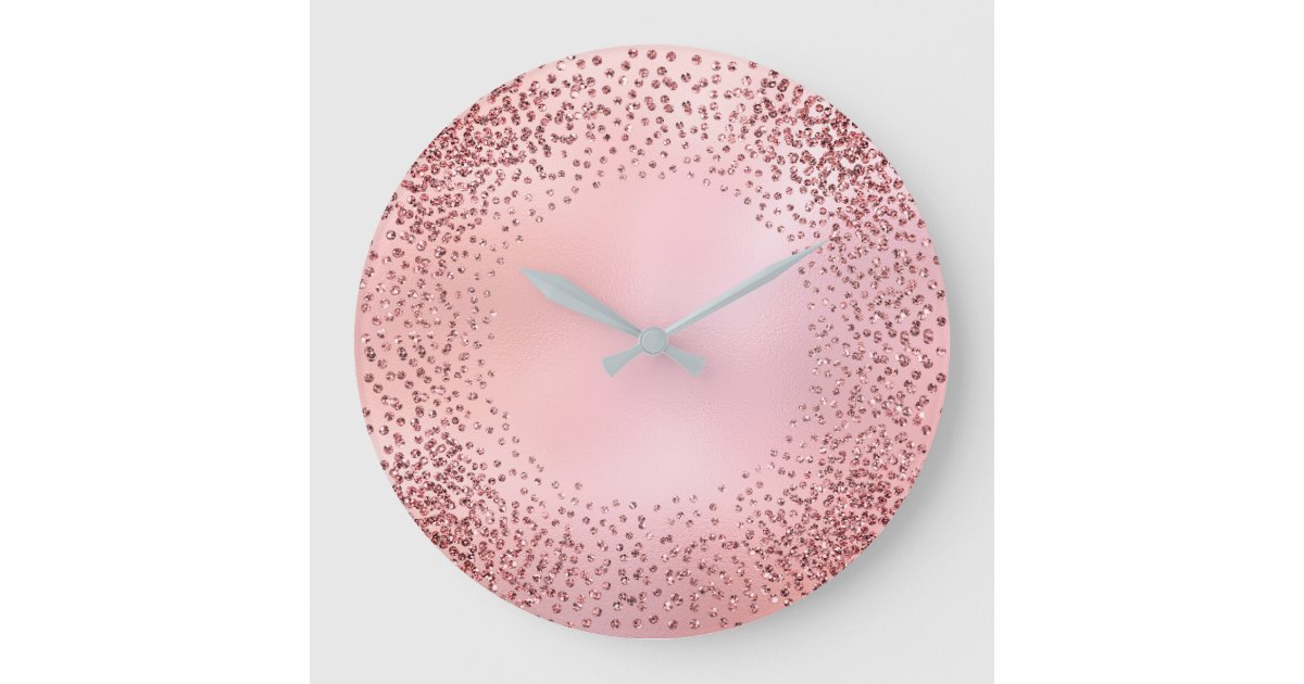 Crystals Confetti Glitter Rose Pink Glass Glam Large Clock | Zazzle