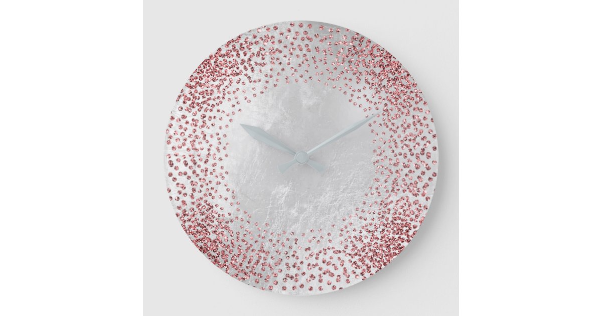Crystals Confetti Glitter Rose Pink Silver Gray Large Clock | Zazzle