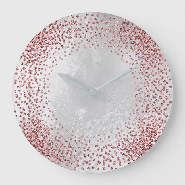 Crystals Confetti Glitter Rose Pink Silver Gray Large Clock | Zazzle