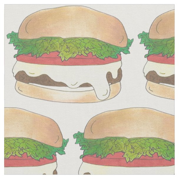 Funny Cheeseburger on Red Food Pattern Fabric | Zazzle