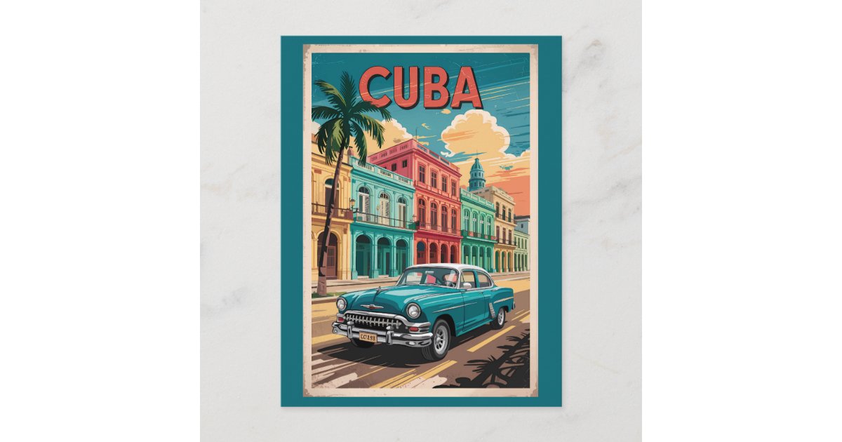 Cuba Classic Car Illustration Travel Art Vintage Postcard | Zazzle