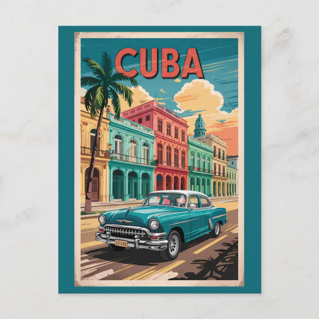 Cuba Classic Car Illustration Travel Art Vintage Postcard | Zazzle