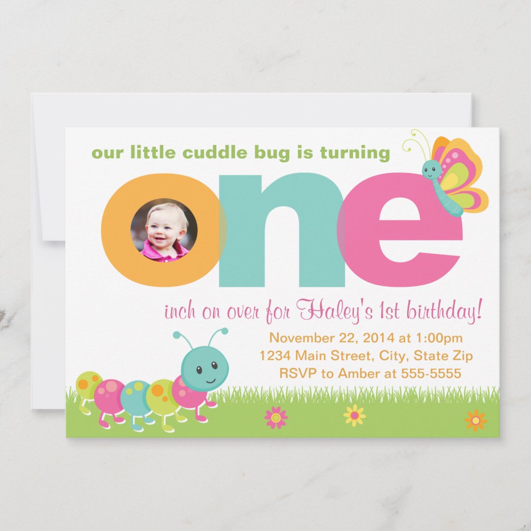 Cuddle Bug 1st Birthday Invitation 5x7 Photo Card | Zazzle