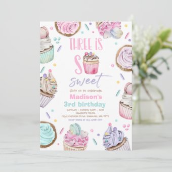 Cupcake 3rd Birthday Party Three Is So Sweet Candy Invitation | Zazzle