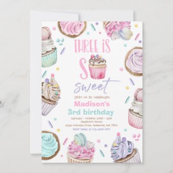 Cupcake 3rd Birthday Party Three Is So Sweet Candy Invitation | Zazzle