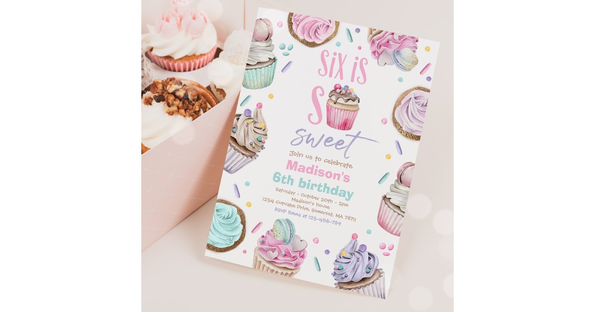 Cupcake 6th Birthday Party Six Is So Sweet Candy Invitation | Zazzle