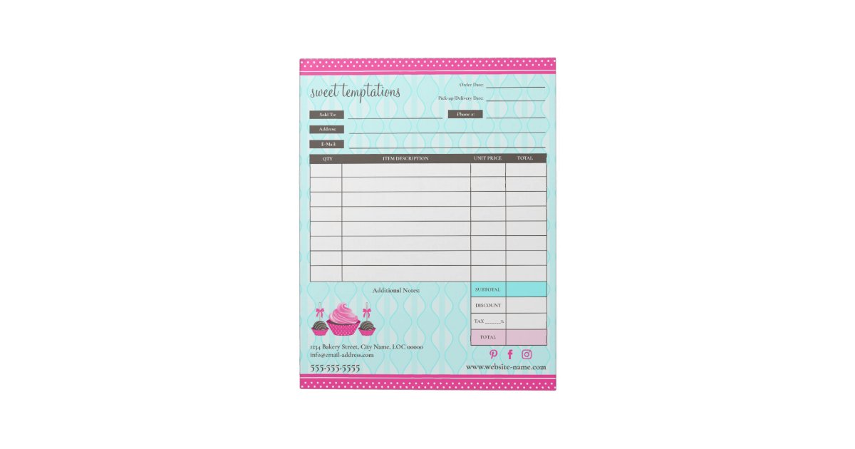 Cupcake and Cake Pops Receipt Order Form Notepad | Zazzle