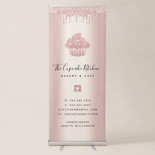 Cupcake Bakery Pastry Café Rose Gold Glitter Drips Retractable Banner ...