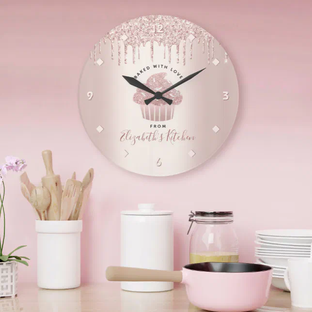 Cupcake Bakery Pastry Chef Rose Gold Glitter Drips Large Clock | Zazzle