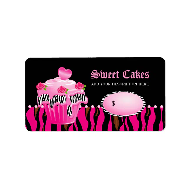 Cupcake bakery price label tiger rose pink black | Zazzle