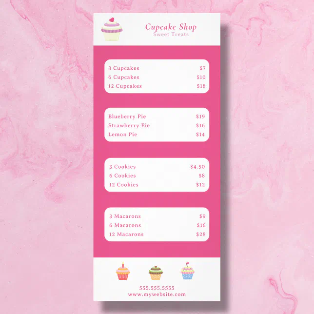 Cupcake Pink Menu & Price List Rack Card | Zazzle