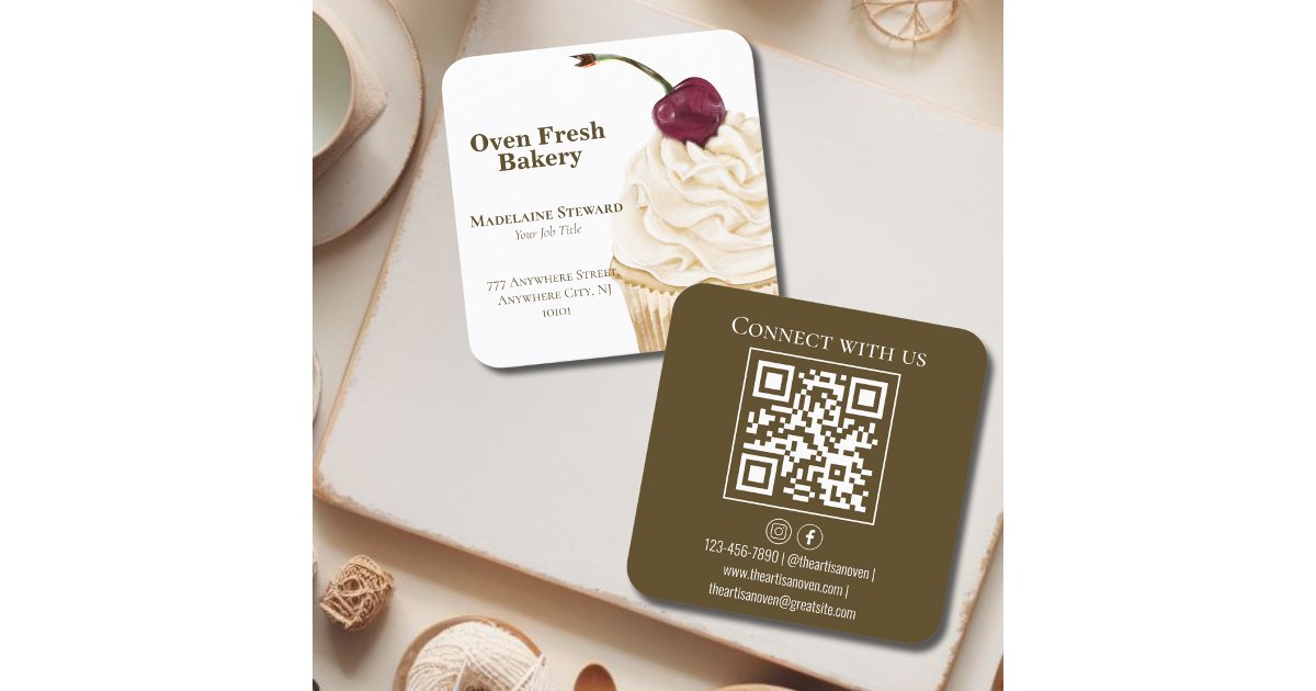 Cupcake QR Code Olive Green Bakery Square Business Card | Zazzle