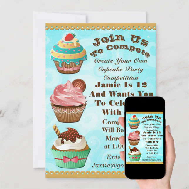 Cupcake Wars Bake Off Birthday Blue Swirls Invite | Zazzle