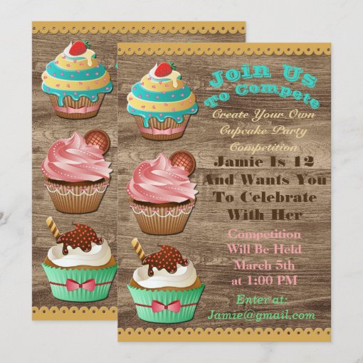Cupcake Wars Bake Off Birthday Brown Wooden Invite | Zazzle