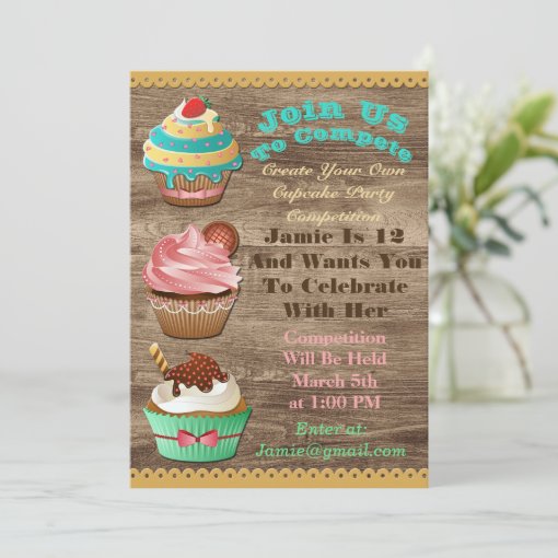 Cupcake Wars Bake Off Birthday Brown Wooden Invite | Zazzle