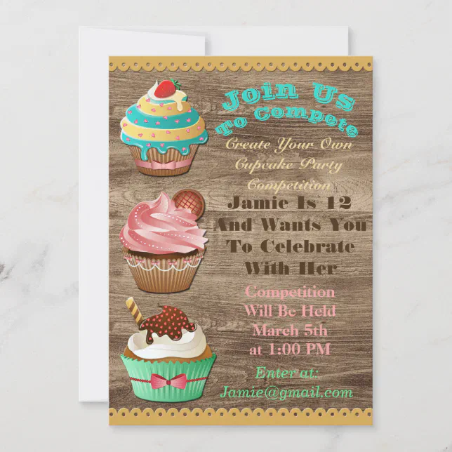 Cupcake Wars Bake Off Birthday Brown Wooden Invite | Zazzle