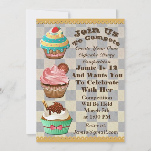 Cupcake Wars Bake Off Birthday Checkered Invite | Zazzle