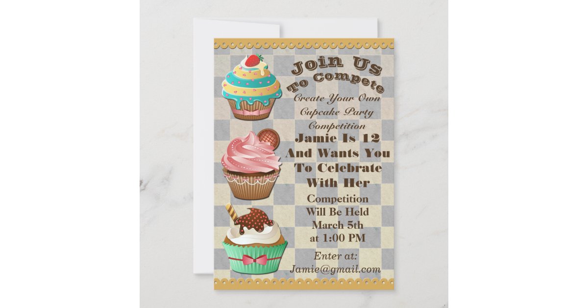 Cupcake Wars Bake Off Birthday Checkered Invite | Zazzle