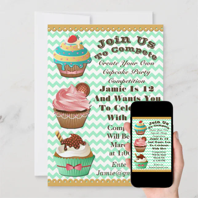 Cupcake Wars Bake Off Birthday Green Invite | Zazzle