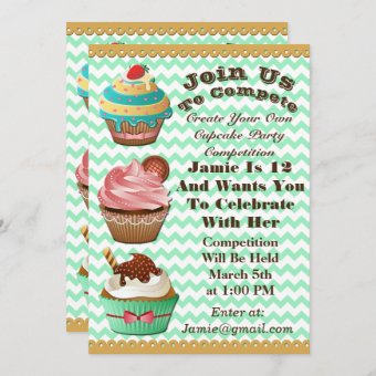 Cupcake Wars Bake Off Birthday Green Invite | Zazzle