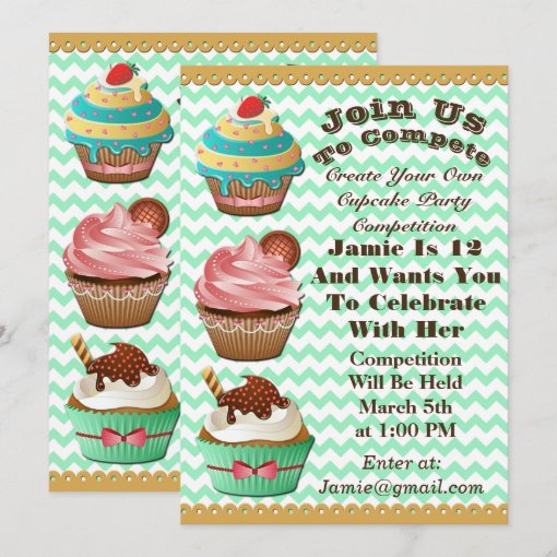 Cupcake Wars Bake Off Birthday Green Invite | Zazzle