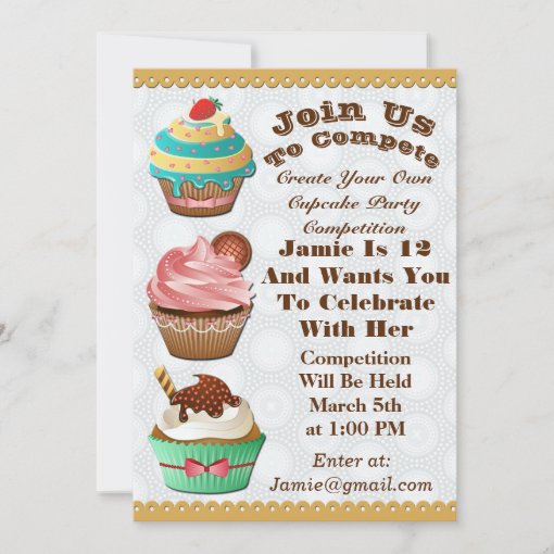Cupcake Wars Bake Off Birthday Grey Circles Invite | Zazzle