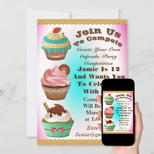 Cupcake Wars Bake Off Birthday Pink Blue Invite | Zazzle