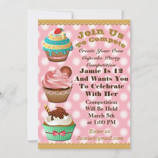 Cupcake Wars Bake Off Birthday Pink Polka Invite | Zazzle