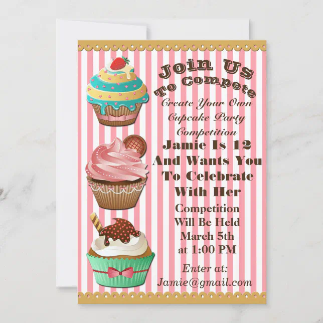 Cupcake Wars Bake Off Birthday Pink Striped Invite | Zazzle