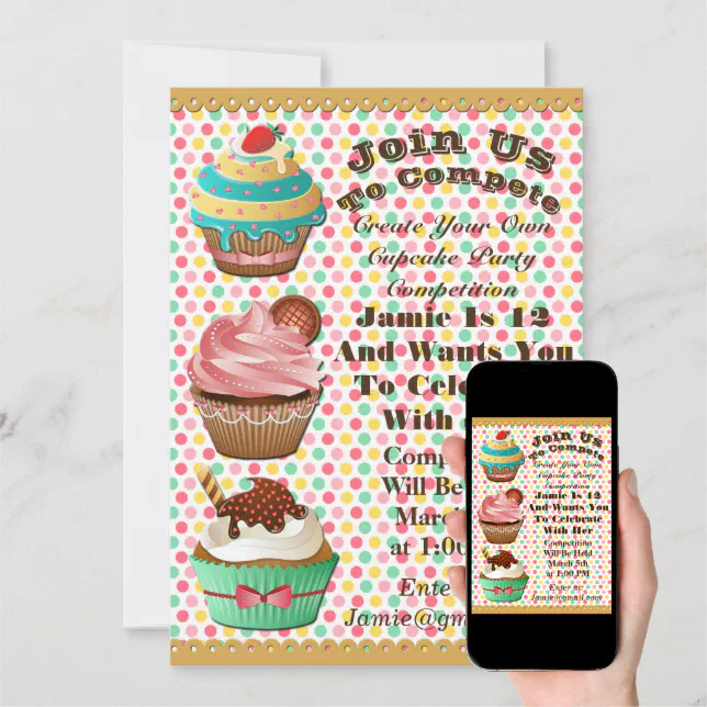 Cupcake Wars Bake Off Birthday Polka Dot Invite | Zazzle