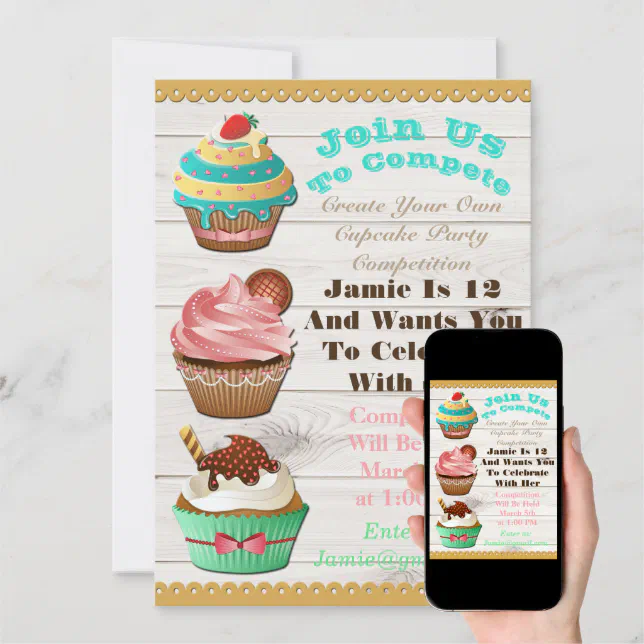 Cupcake Wars Bake Off Birthday White Wooden Invite | Zazzle