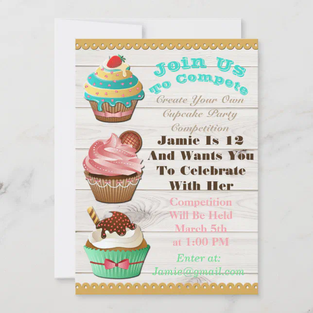 Cupcake Wars Bake Off Birthday White Wooden Invite | Zazzle